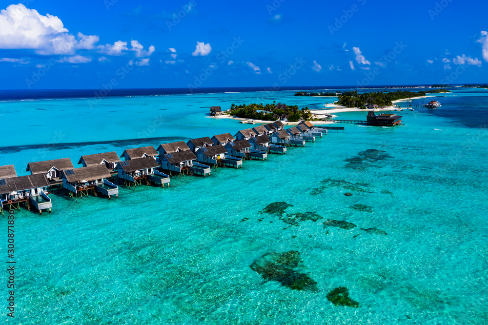 Aerial view, Lagoon of the Maldives island Maadhoo, South Male Atoll ...