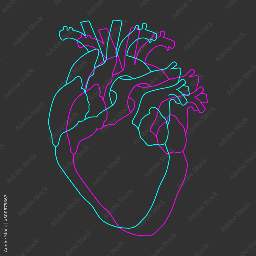 Neon blue and purple synthwave human heart line on dark grey background ...