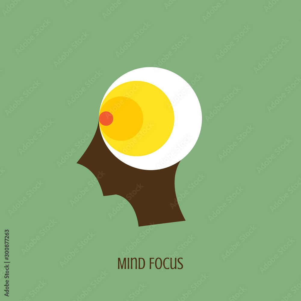 Mind focus icon concept with red point in the drawing of human brain ...