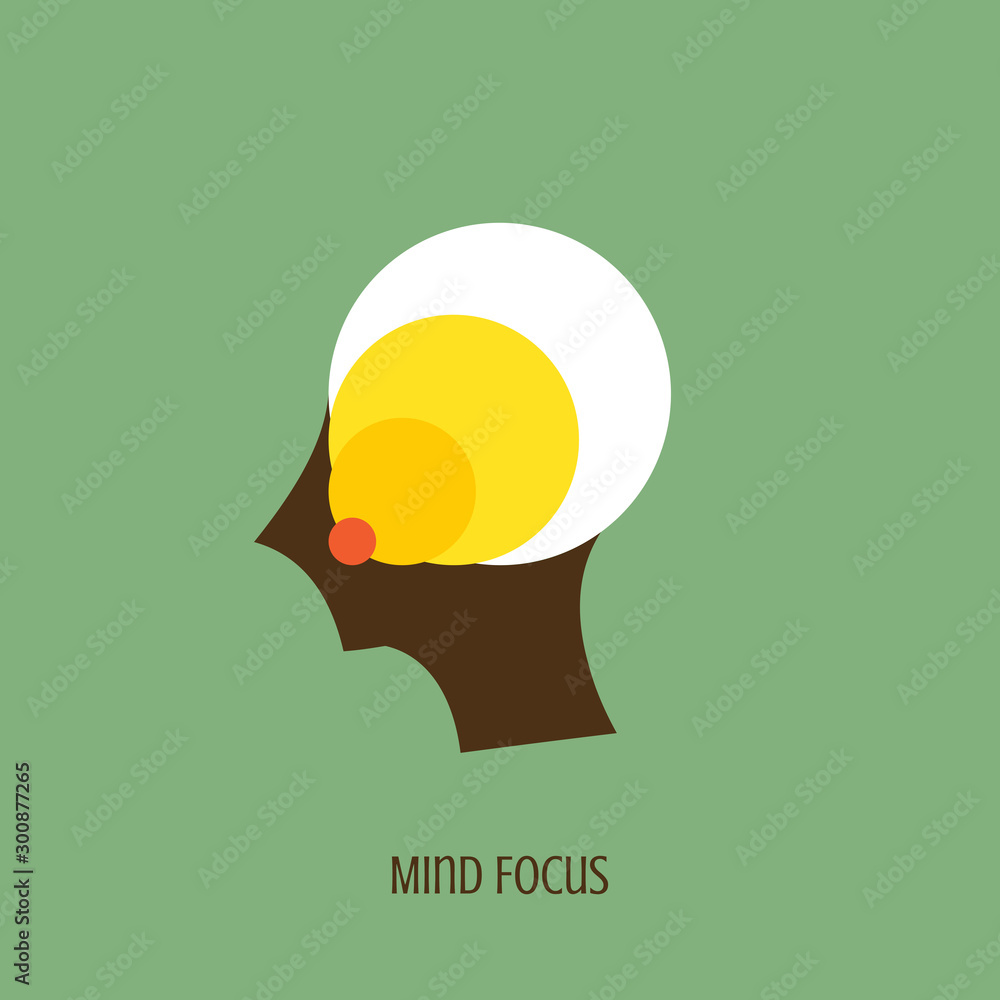 Mind focus icon concept with red point in the drawing of human brain ...