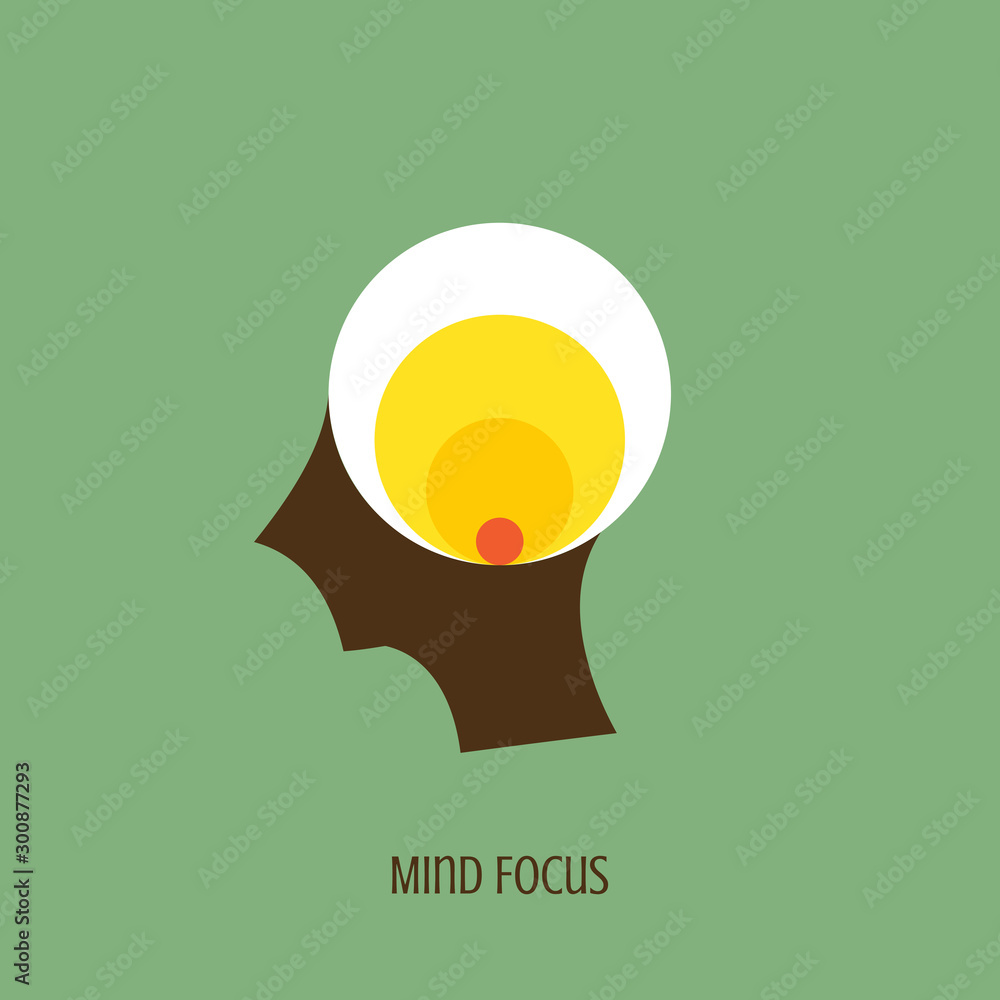Mind focus icon concept with red point in the drawing of human brain ...