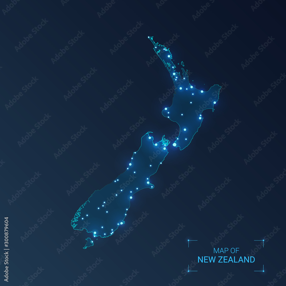New Zealand map with cities. Luminous dots - neon lights on dark ...
