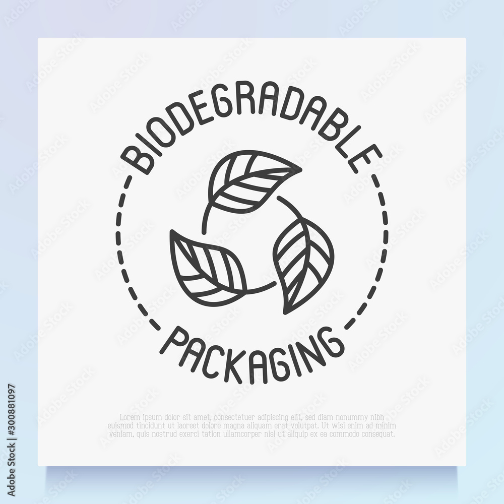 Biodegradable thin line icon for packaging. Leaves in circle. Symbol of ...