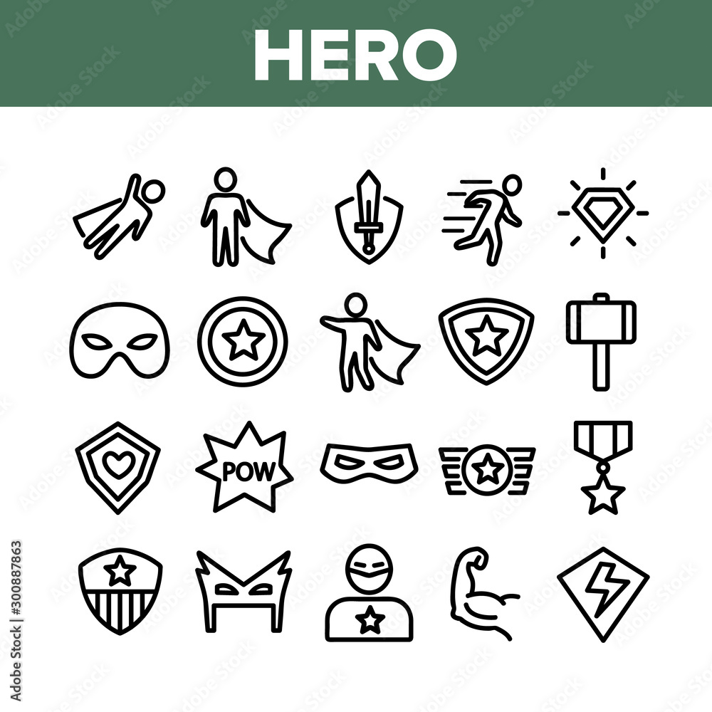 Super Hero Collection Elements Icons Set Vector Thin Line. Hero ...