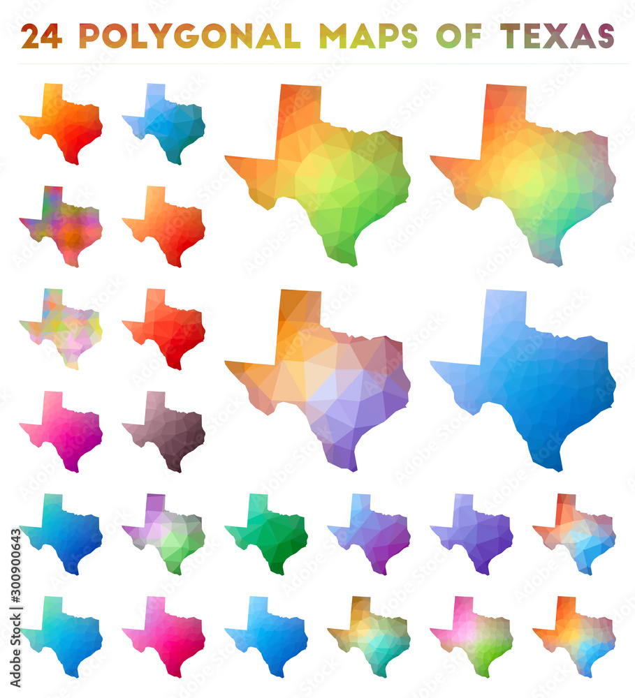 Set of vector polygonal maps of Texas. Bright gradient map of us state ...