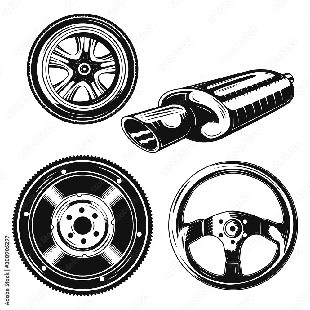 Set of car parts (wheel, flywheel, rudder, exhaust pipe) elements for ...