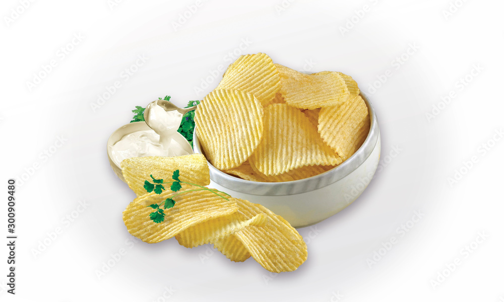 Potato slices turning into chips isolated, Crispy potato chips, salted ...