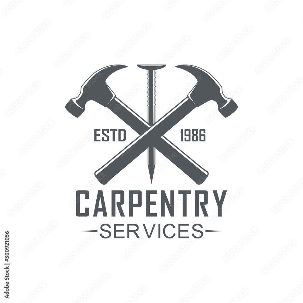 Black and white illustration logo of a workshop of carpentry. Vector ...
