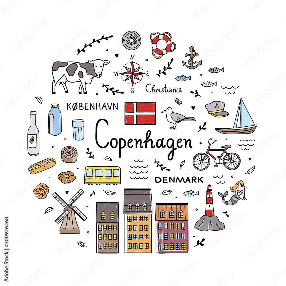 Copenhagen hand drawn illustrations. Vector round concept with Denmark ...