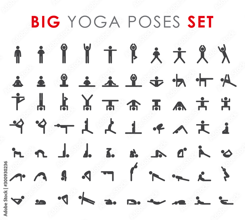 Big yoga poses asanas icons set. Vector illustrations. For logo yoga ...