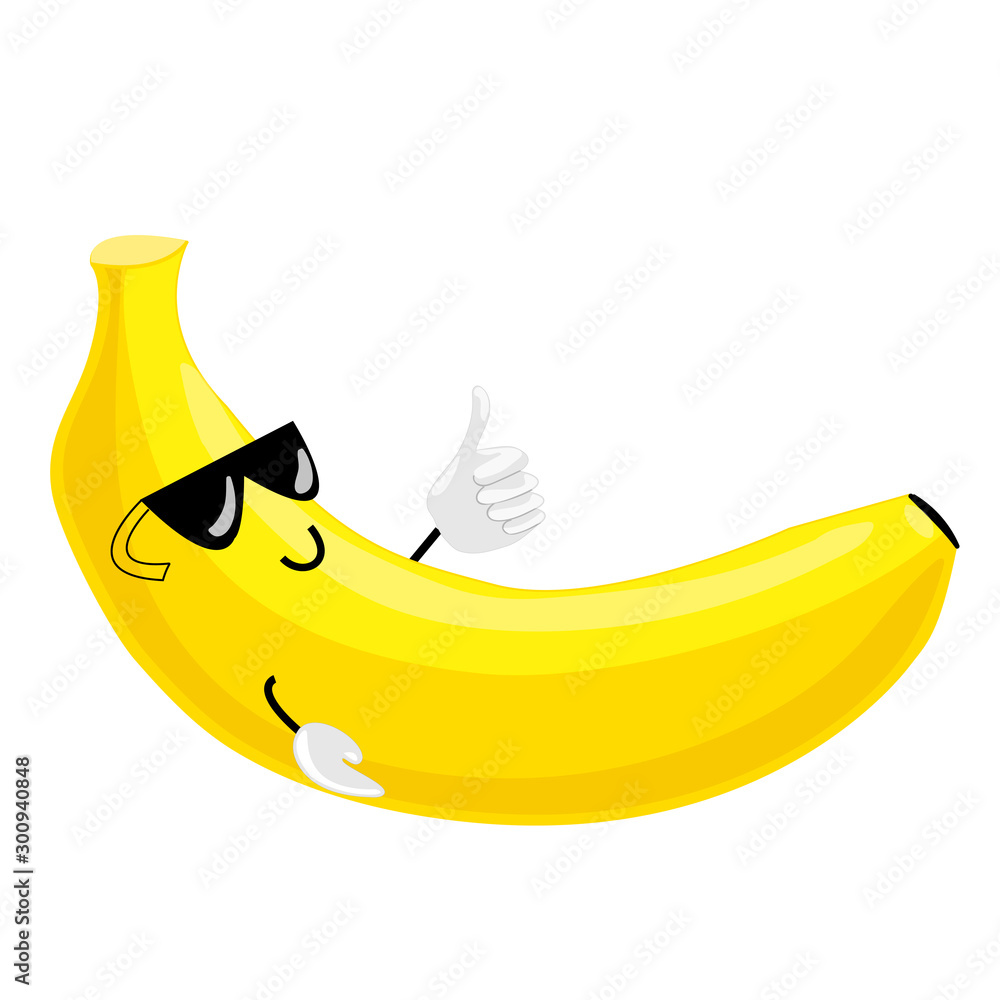 Fruit characters. Vector illustration of a cool cartoon yellow banana wearing sunglasses and ...