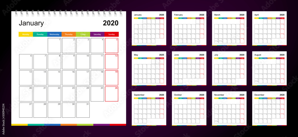 Colorful wall calendar for 2020 on dark background, week starts on ...