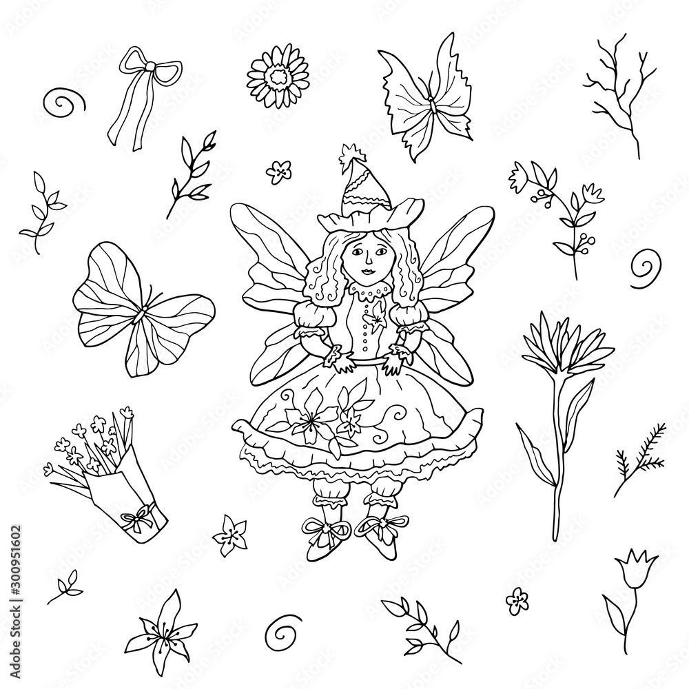 Fairy girl and floral doodling. Hand drawn vector illustration ...