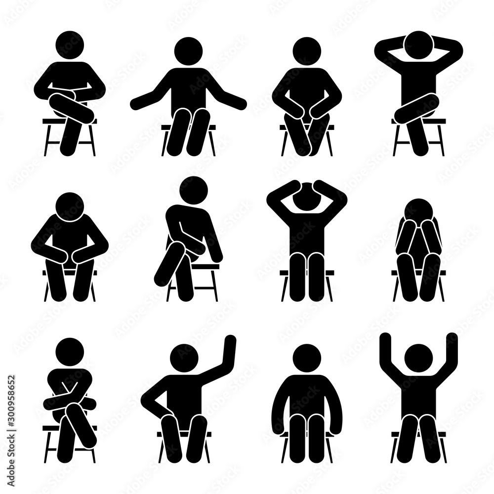 Sitting on chair stick figure man different poses pictogram vector icon ...