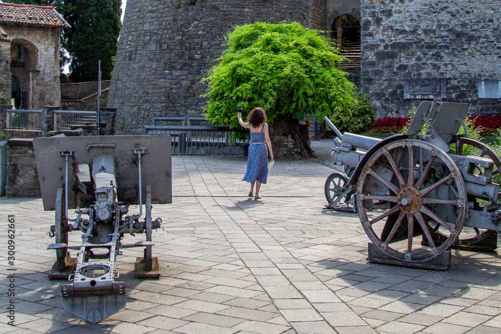 Old Bergamo Rocco castle, Italy. Cannons at the Museum of the Second ...