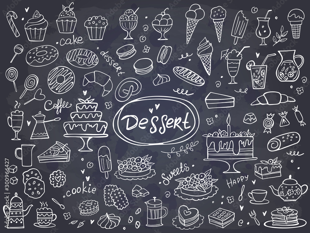 Set of hand drawn delicious sweets on chalkboard. Vector illustration ...