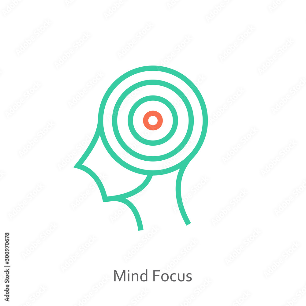 Mind focus icon concept with red point in the drawing of human brain ...