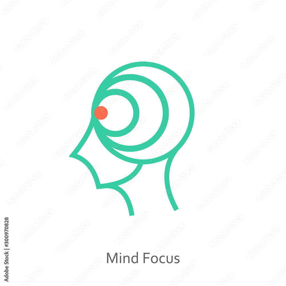 Mind focus icon concept with red point in the drawing of human brain ...