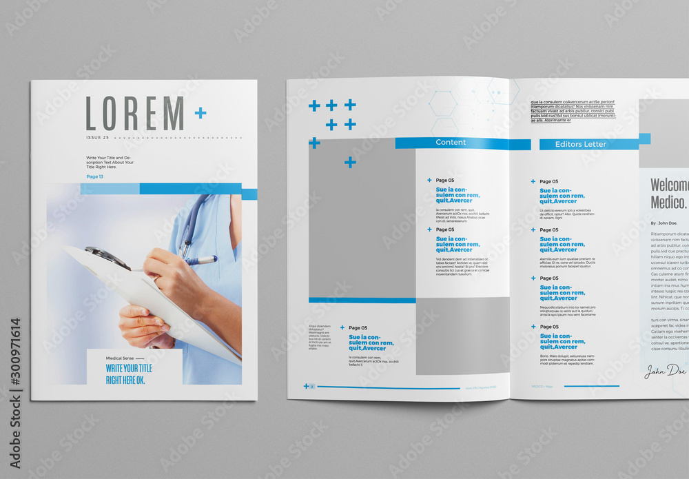 Magazine Layout with Blue Accents and Line Elements Stock Template ...