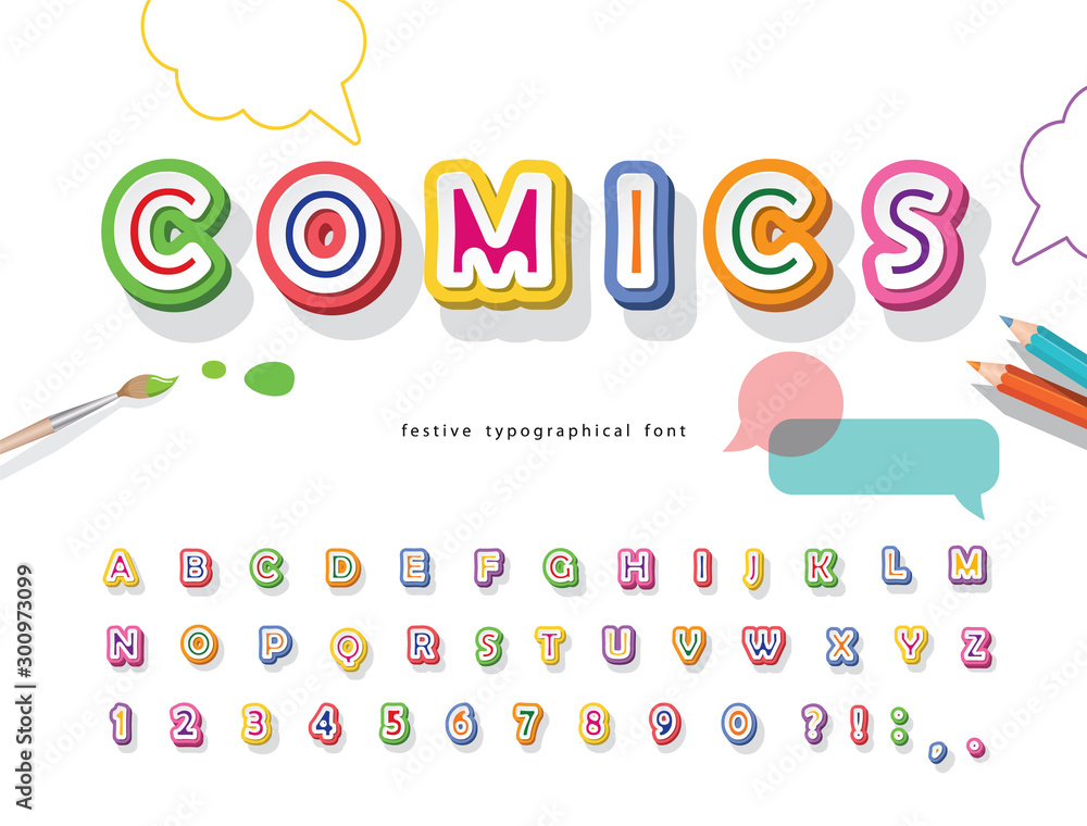 Comics 3d font. Cartoon paper cut out ABC letters and numbers. Colorful ...