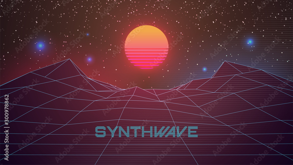 Synthwave banner. 80s retro futuristic background. Sunset over ...