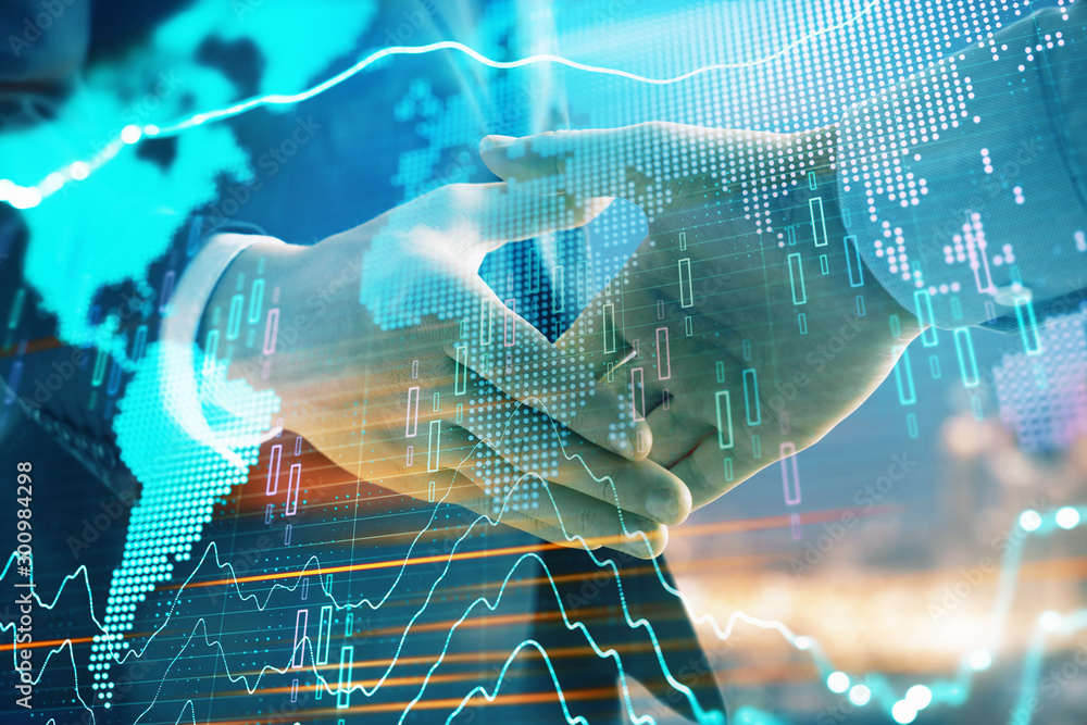 Double exposure of financial chart and world map on cityscape ...