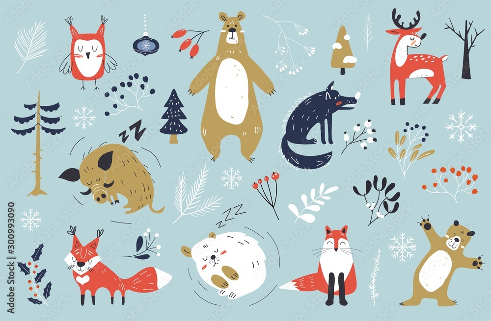 Christmas set with cute animals. Winter characters. Woodland animals ...