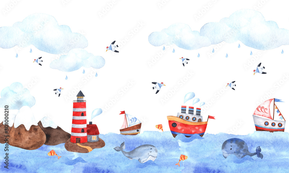 Marine composition of watercolor elements with a lighthouse, seagulls ...