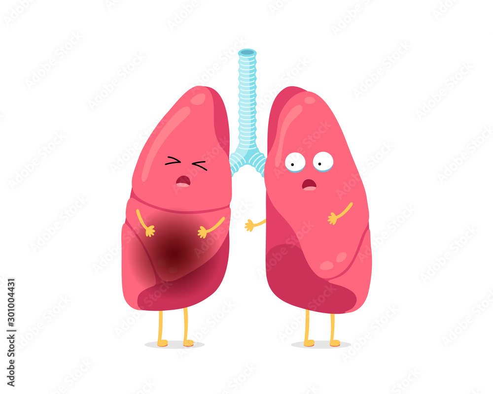 Cute cartoon funny unhealthy illness lungs character. Suffering sick ...
