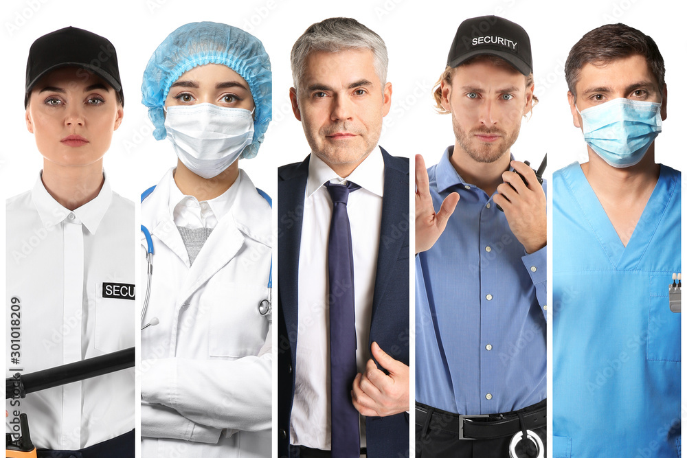 Collage with people of different professions on light background Stock ...