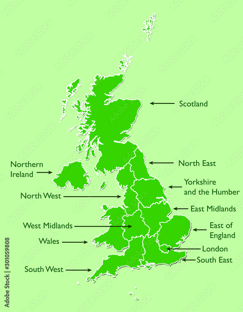 United Kingdom or UK map land area vector with region names on green ...