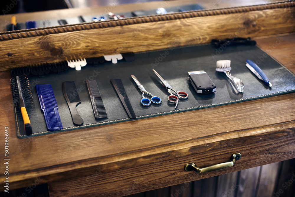 Set of barber shop professional tools and different accessories for ...