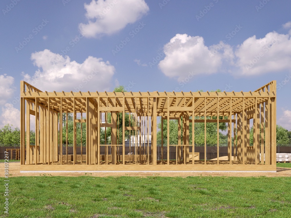 3d image of a frame building under construction. Detailed concept of ...