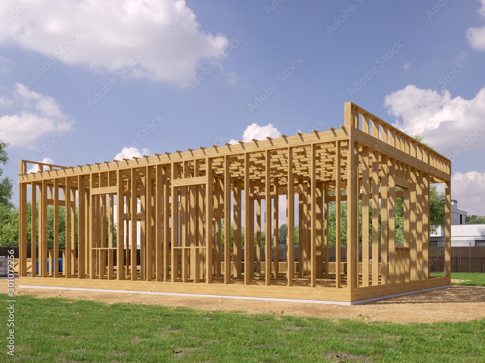 3d image of a frame building under construction. Detailed concept of ...