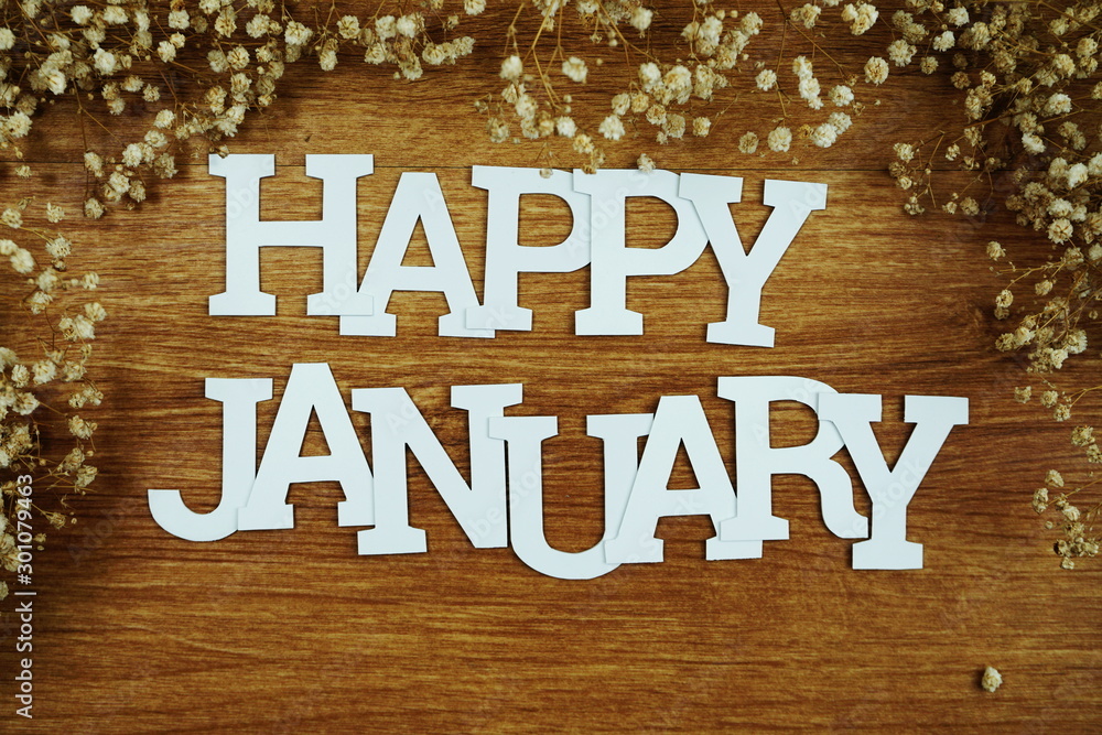 Happy January alphabet letter with space copy on wooden background ...