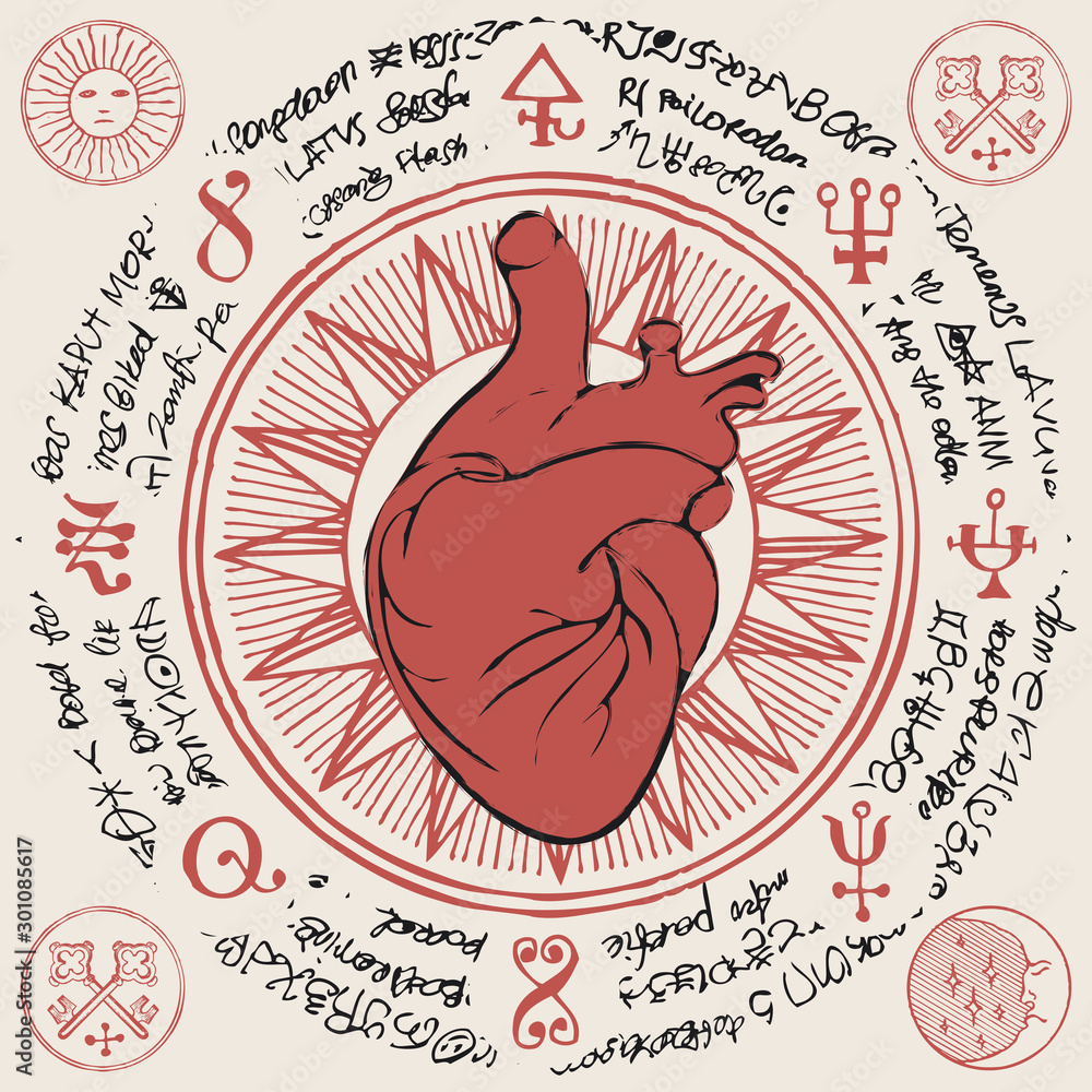 Vector illustration with red human heart, ancient hieroglyphs, medieval ...