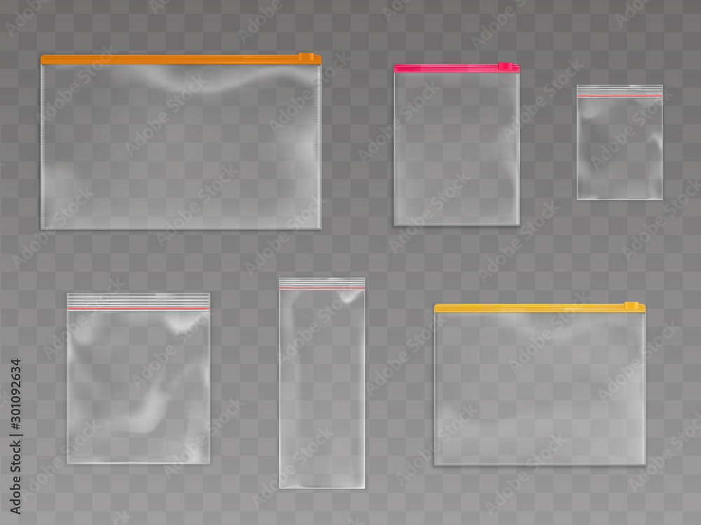 Plastic zip bags set, empty pouches of various sizes and zipper colors ...