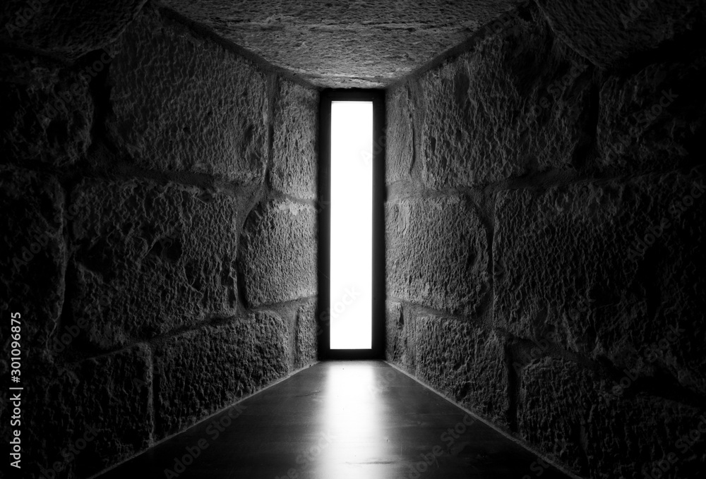 Perspective view of concrete and stone wall with skylight glass window ...