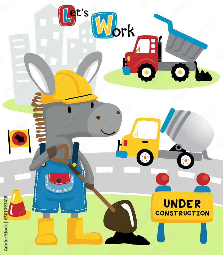 Vector cartoon of Donkey the worker with construction vehicles Stock ...