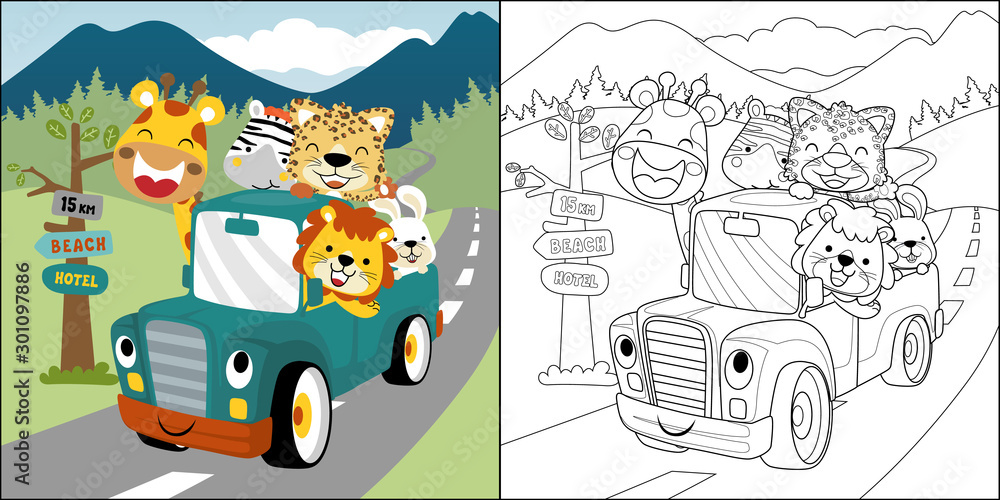 vector cartoon of happy animals on truck , coloring book or page Stock ...