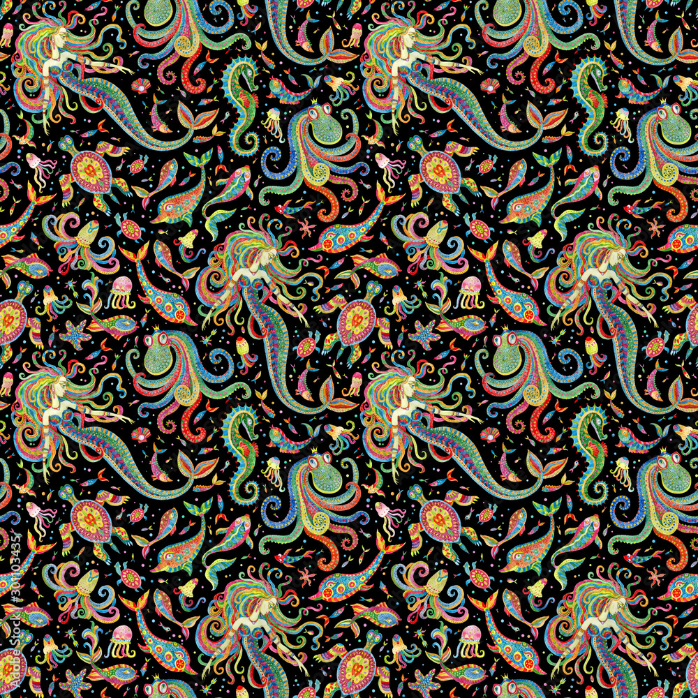 Seamless Baroque batik wallpaper pattern from fairy tale sea animals ...