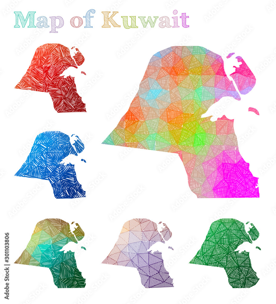 Hand-drawn map of Kuwait. Colorful country shape. Sketchy Kuwait maps ...