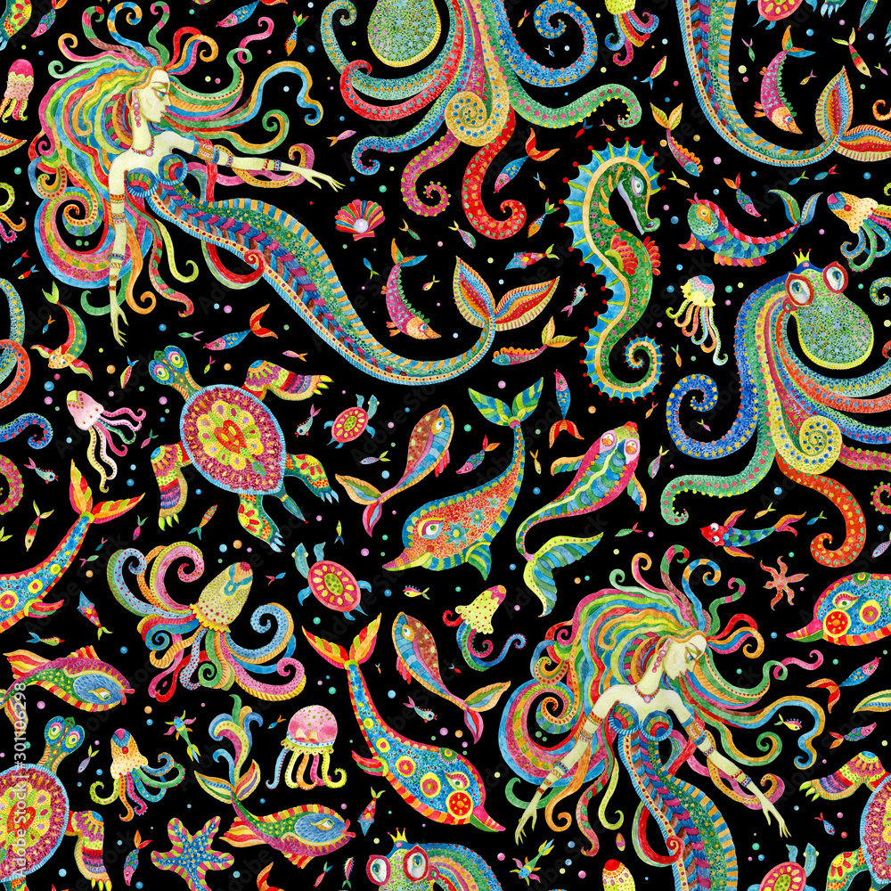 Seamless Baroque batik wallpaper pattern from fairy tale sea animals ...