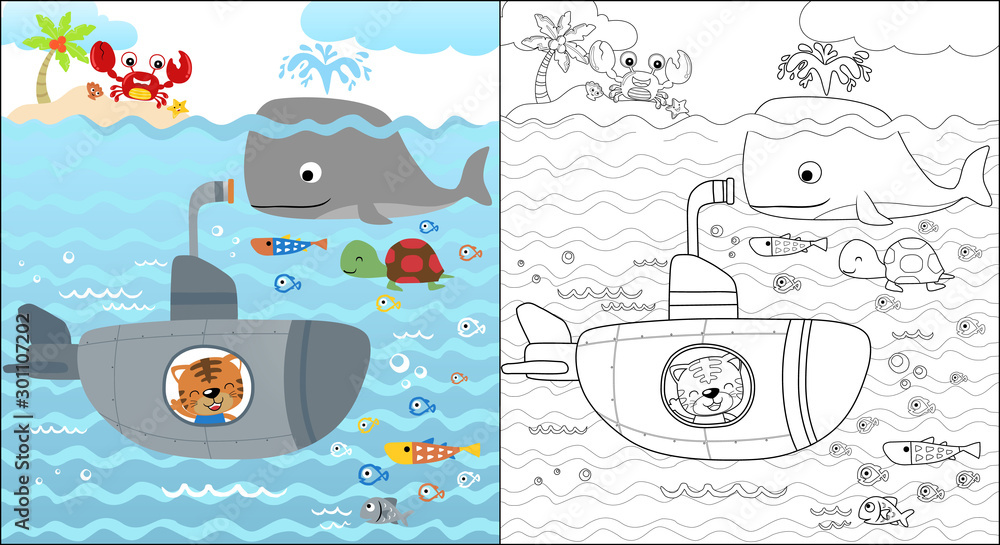 vector cartoon of cat on submarine in underwater with funny marine ...