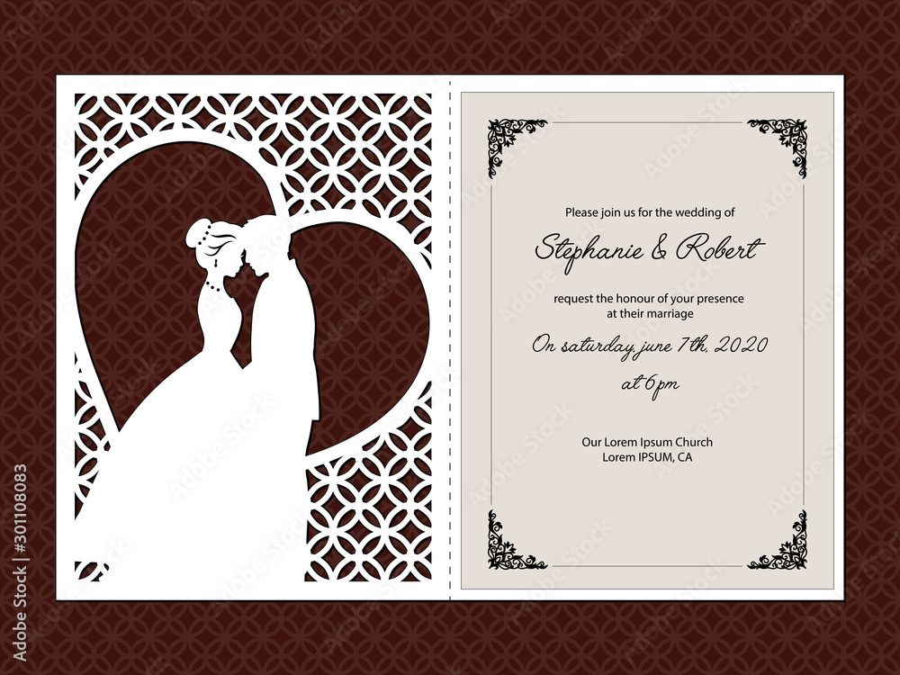 Laser cut template of wedding invitation, bride and groom in the heart ...