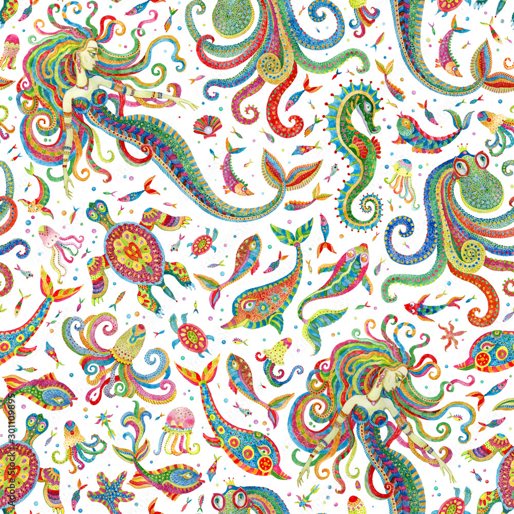 Baroque batik wallpaper seamless pattern from fairy tale sea animals ...