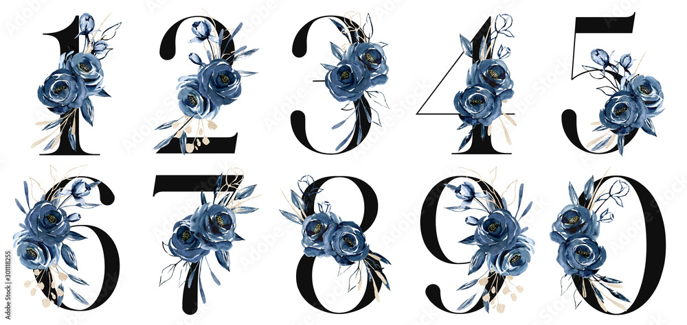 Numbers set with watercolor navy blue flowers roses hand painting ...