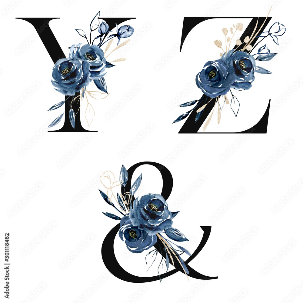 Floral alphabet, letters set with watercolor flowers and leaf. Navy ...