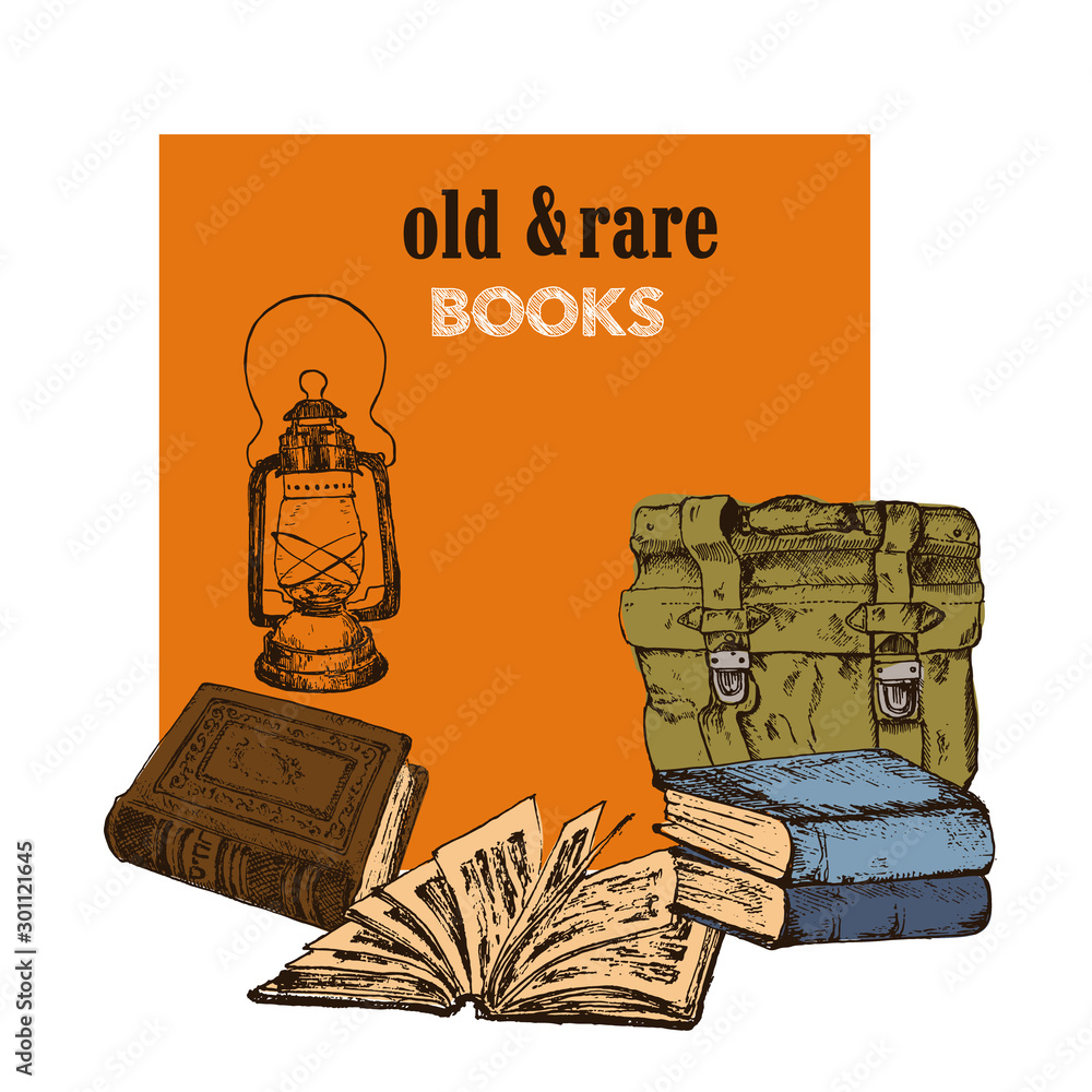 Old rare books and antiques vintage market sketch poster, vector ...