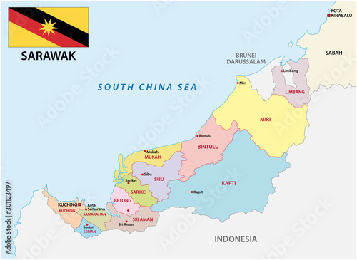 Plakat administrative and political map of the malayan division sarawak with flag - sarawak ...